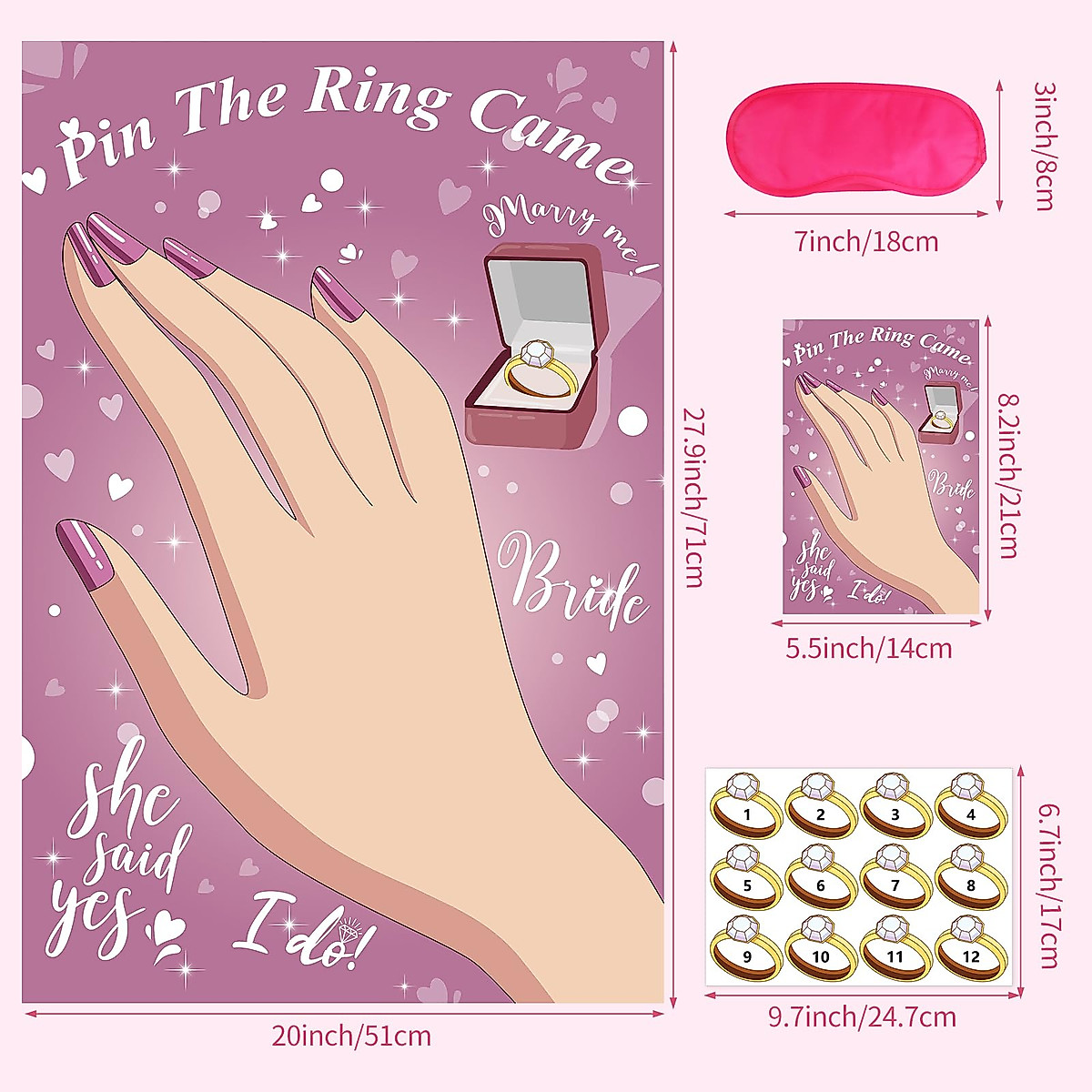 Hxezoc Pin The Ring On The Bride Game with 48 Pcs Rings, Large Bridal Party Games Poster for Bachelorette Party, Bridal Shower, Wedding Party, Birthday Party, Carnival Party Supplies