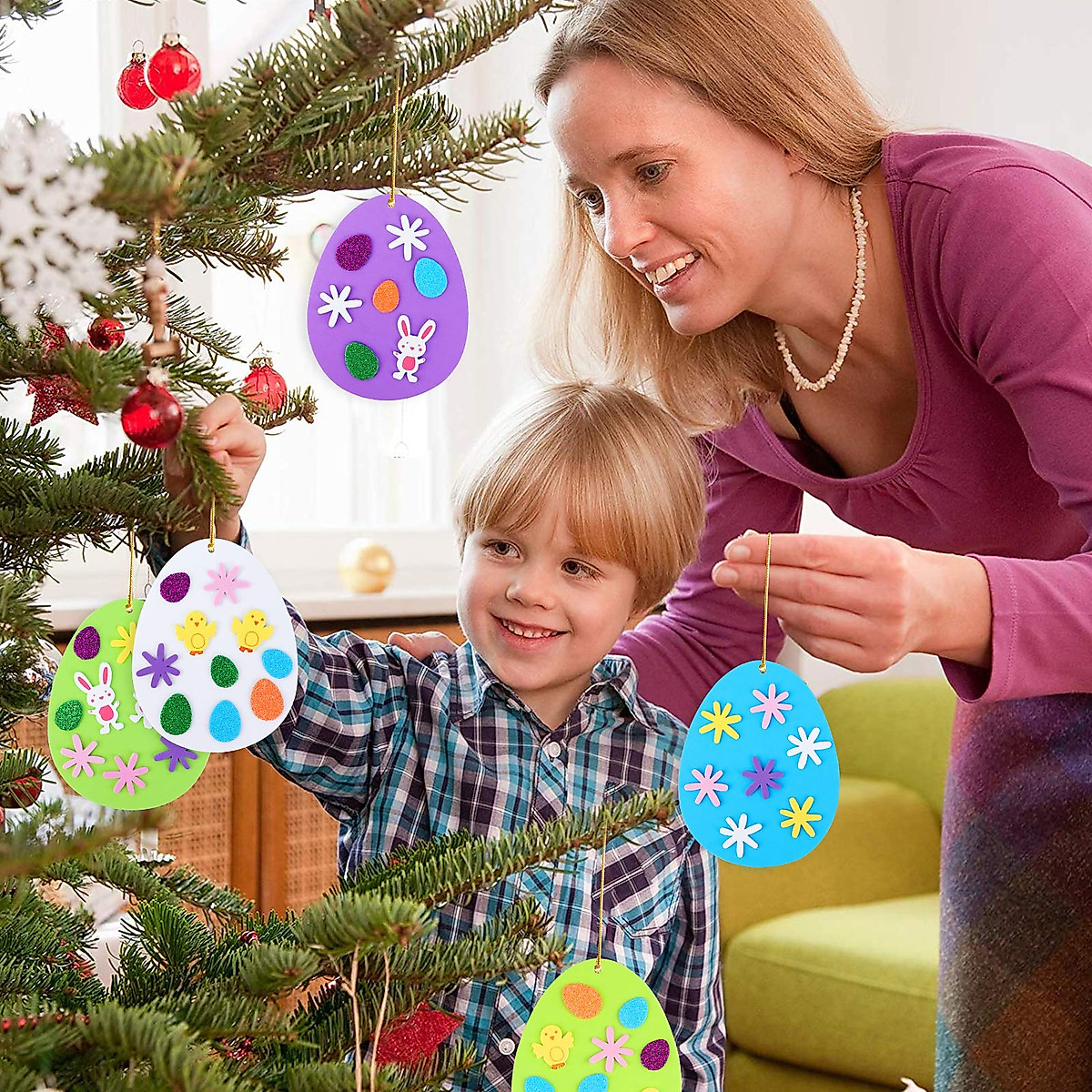 Konsait Bulk 208pcs Easter Foam Eggs Stickers, Bunny Chicken Self-Adhesive Foam Easter Eggs Shapes Stickers for Kid's Art DIY Craft Scrapbooks Supplies Easter Party Decor