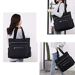 Multi Pocket Nylon Totes Handbag Large Shoulder Bag Travel Purse Bags For Women (X-Black)
