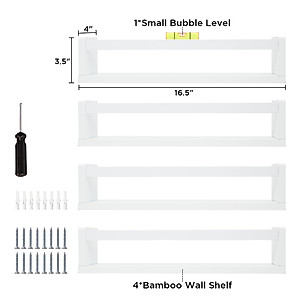 Ollieroo Set of 4 Floating Book Shelves for Wall, Nursery Book Shelf for Kids Room, Bamboo Wood Hanging Bookshelf for Baby Teen Boys Girls, Wall Mounted Shelves for Bedroom Bathroom Decor(White)