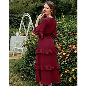 Aonour Womens 2023 Summer Wedding Casual Flutter Sleeves V Neck Flowy Cute High Waist Tiered Ruffle Midi Dress Baby Shower Amazon Modest Dresses ARC1002 Burgundy L