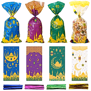 100 Pcs Ramadan Eid Goodie Bags, Ramadan and Eid Mubarak Gift Bags, Ramadan Kareem Eid Mubarak Decorations for Home Ramadan Eid Gift Treat Cellophane Candy Bags for Islamic Muslim Party Favor Supplies