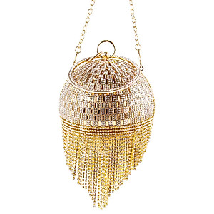 Lanpet Women Round Ball Crystal Evening Clutch Purse Tassel Wedding Party Handbags,Gold