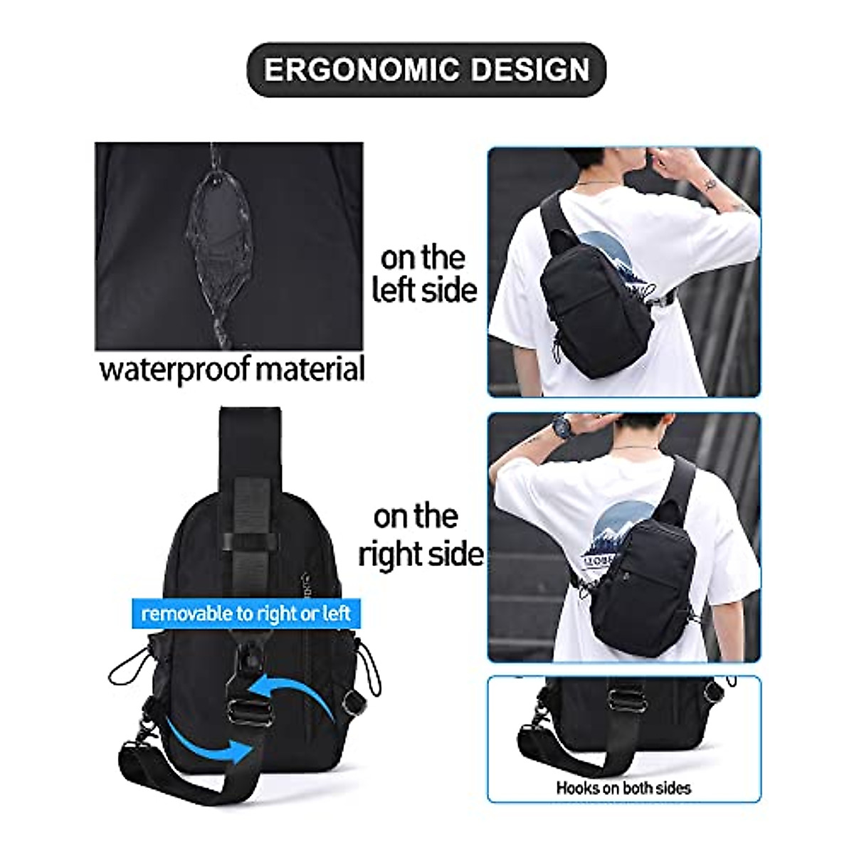 Sling Bag Crossbody Backpack Shoulder Bag for Men Women, Black Hiking Daypack Multipurpose Anti-Theft Cross Body Chest Bags, Small Lightweight One Strap Backpack for Walking Biking Travel Cycling