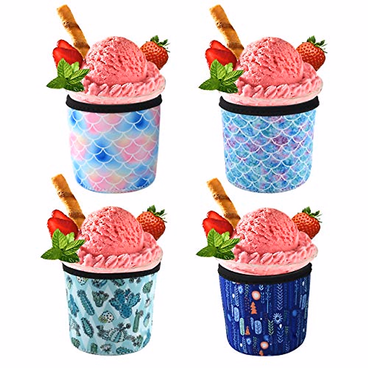 4 Pack Ice Cream Pint Size Ice Cream Sleeves Neoprene Cover with Spoon Holder Cover (Plant+Fish scales)