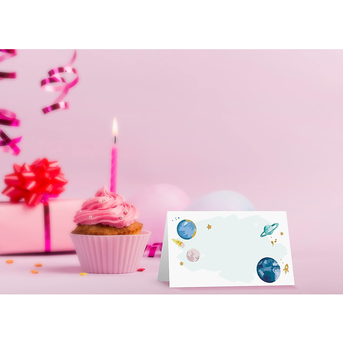 Table Place Card, Space Themed Tent Style Cards, Pack of 25 Half-Fold Reception Place Card, Astronaut Birthday Decor, Perfect for Baby Shower, Space Galaxy Birthday Party and Special Events C29