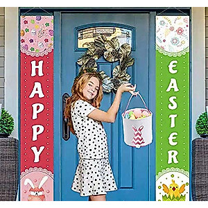 2 Pack Easter Bunny Basket Bags, Striped Bunny Print Design Canvas Tote Bag, Used for Egg Candy and Gift Hunting at Children's Easter Party (Blue+red)