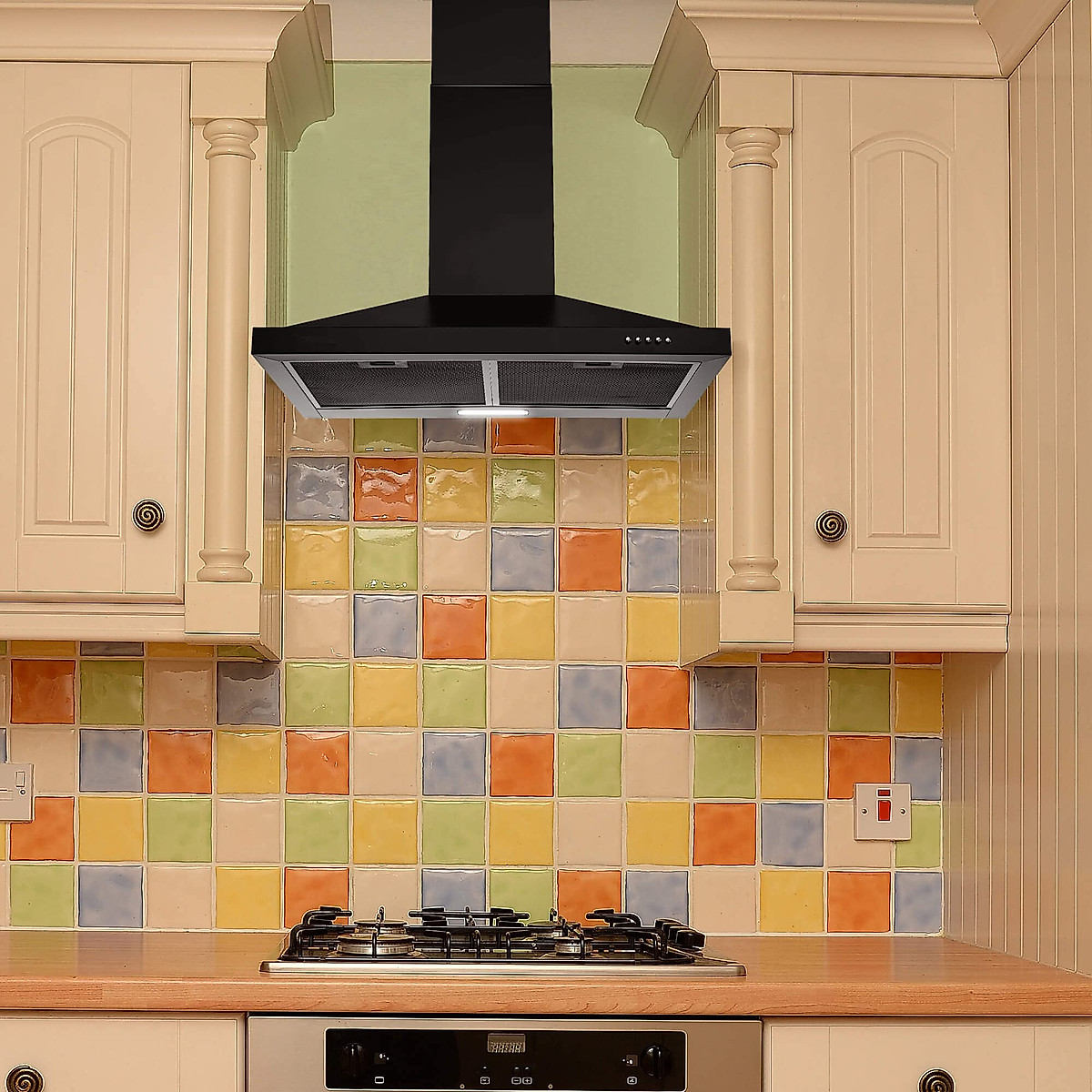 SNDOAS 24 inch Range Hood Black Range Hood, Ductless Range Hood with Energy Saving LED Light,Wall Mount Kitchen Hood,Over Stove Vent,Stainless Steel Chimney-Style Range Hood,Black Vent Hood