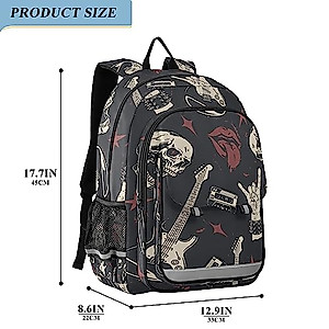 Glaphy Rock Music with Skulls Guitar Backpack School Bag Lightweight Laptop Backpack Student Travel Daypack with Reflective Stripes