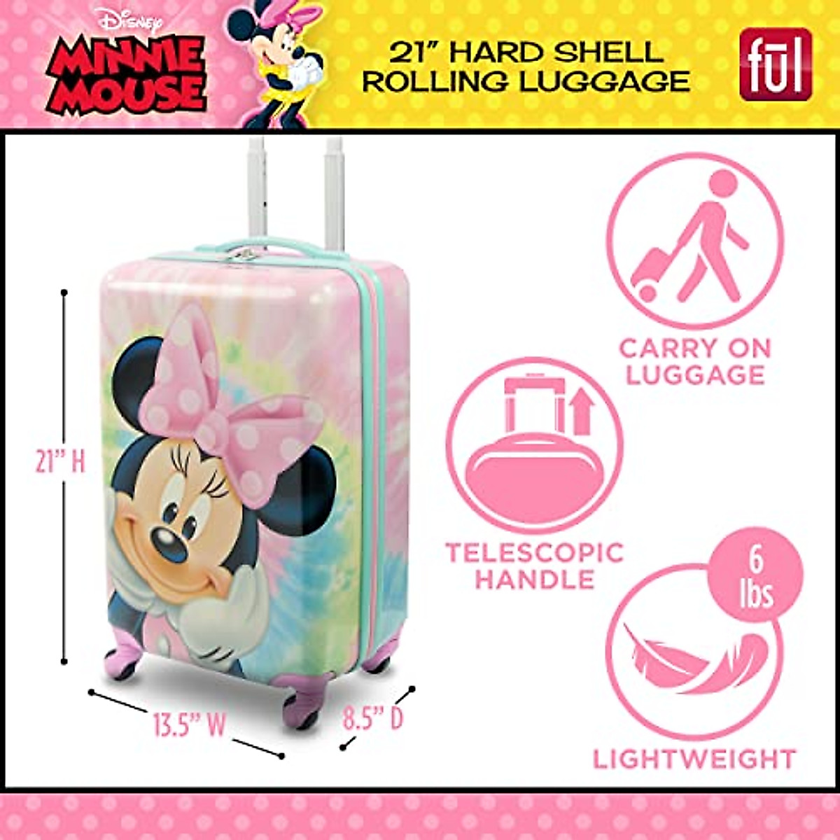 FUL Disney Minnie Mouse 21 Inch Kids Rolling Luggage, Tie Dye Hardshell Carry On Suitcase with Wheels, Multi (FCGL0030SAMEC-634)
