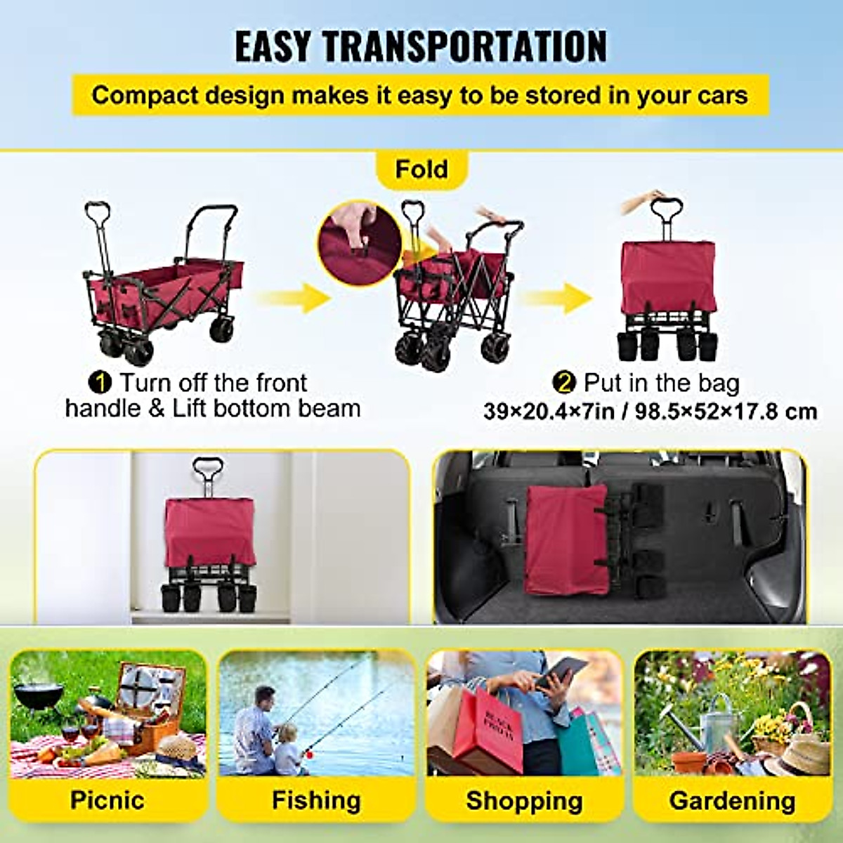Happbuy Extra Large Collapsible Garden Cart with Removable Canopy, Folding Wagon Utility Carts with Wheels and Rear Storage, Wagon Cart for Garden, Camping, Grocery Cart, Shopping Cart, Red