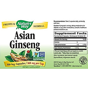 Nature's Way Asian Ginseng 560 Milligrams, 100 Vegetarian Capsules Pack of 2 Bottles