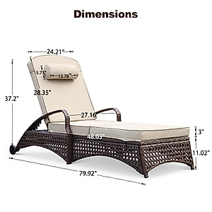 NOBLEMOOD Chaise Lounge Outdoor Wicker Lounge Chair with Wheels, Adjustable 6 Position Pool Reclining Chair with Gray Thickened Fabric Cushion & Pillow, Pack of 2