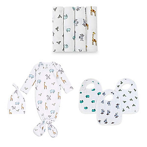 aden + anais Jungle Jam Bundle - Classic Swaddle Blanket 4 Pack - Comfort Knit Knotted Newborn Baby Gown and Hat - Classic Snap Baby Bib 3 Pack