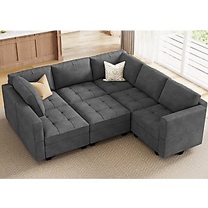 HONBAY Modular Sleeper Sectional Sofa Sectional Sleeper Couch with Storage Ottoman Reversible Modular Sofa for Living Room Dark Grey