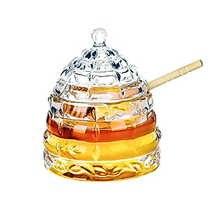 1500 C Tabletop Bee-hive Glass Honey Jars with Dipper and Lid 10 oz. Crystal Clear Heavy Glass Honey Pot Honey Containers Holder for Jam Jelly Syrup Home& Kitchen