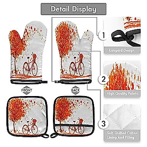 Thanksgiving Fall Leaves Tree Oven Mitts and Pot Holders Sets Heat Resistant Non Slip Oven Glove and Insulated Kitchen Counter Mat Suitable for Cooking Baking Grill