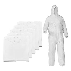 Disposable Coveralls with Hood | White | 5 Pack | Extra Large (XL) | Protective Tyvek Coverall Suit
