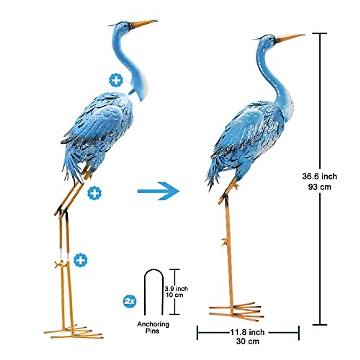 Nacome Large Standing Blue Metal Crane Garden Statue- Indoor/Outdoor Heron Garden Animal Sculpture for Home,Garden,Patio,Backyard,PorchYard Bird Art,Lawn Ornament Decoration,36.6inch Gift