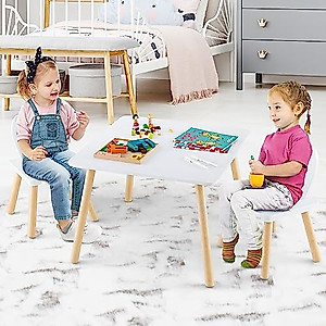 Costzon Kids Table and Chair Set, 3 Pieces Wooden Activity Play Table & 2 Cute Rabbit, Solid Wood Legs, Space-Saving Toddler Furniture for Preschool, Nursery, Children Playroom & Kindergarten (White)