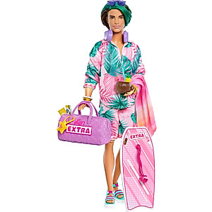 Barbie Extra Fly Ken Doll with Beach-Themed Travel Clothes & Accessories, Tropical Outfit with Boogie Board & Duffel Bag