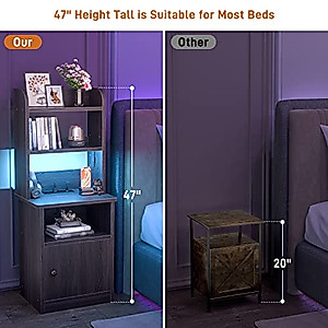 Tall Nightstand with Charging Station and LED Lights - 47" Tall Bedside Table with Adjustable Bookshelf, Industrial End Table Side Table with Storage Cabinet for Home Office, Enoch Walnut