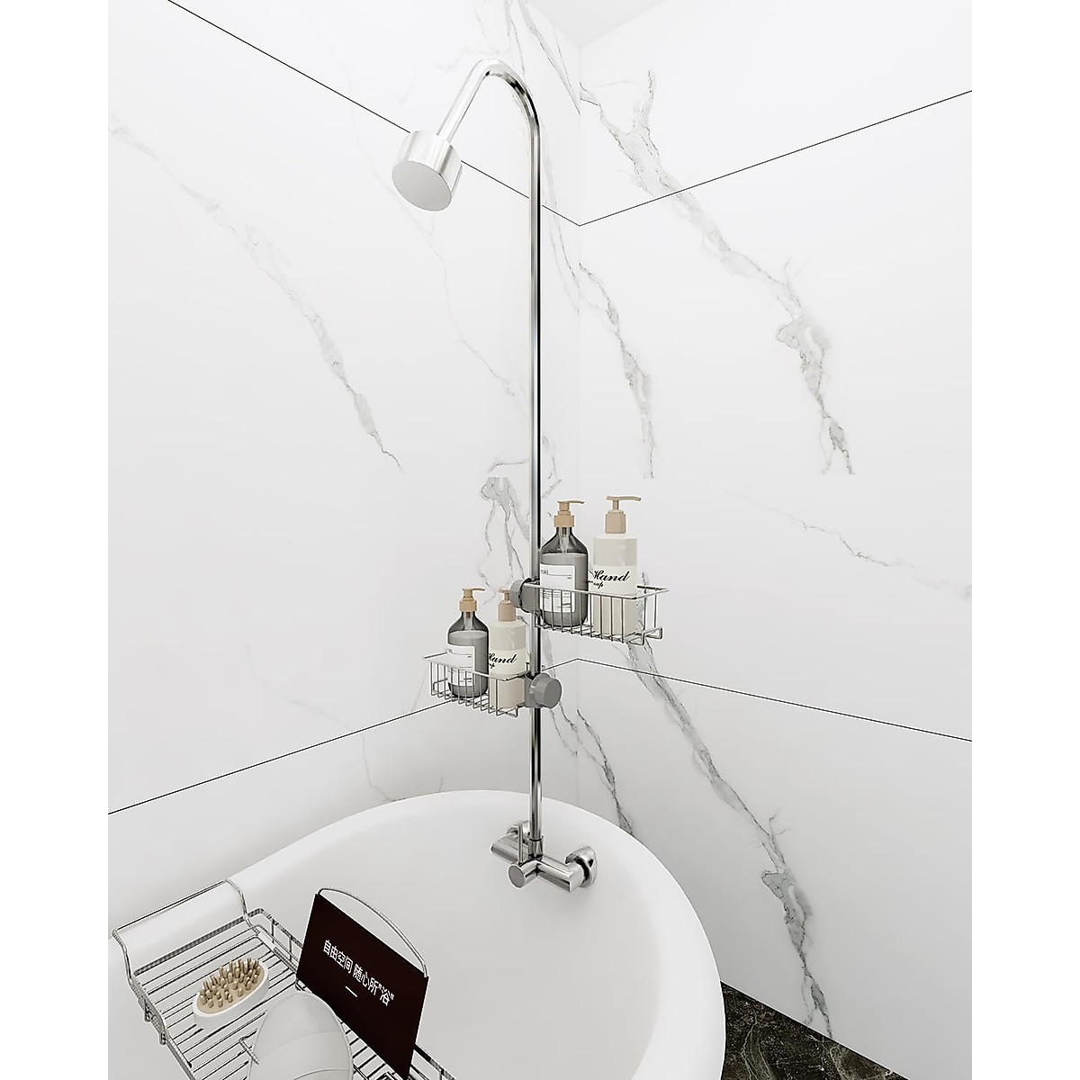 QIHS Shower Rack, Paw Feet Tub Accessories (No Shower Rod), 304 Stainless Steel 2 Tier Adjustable Basket, Bathroom Shower Rod Storage Organizer for Bathroom Shampoo Storage, AM-079-1