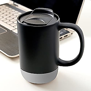 Extra Large Ceramic Coffee Mug w/Lid and Removable Silicone Base - 17 ounce Slideproof Coffee Cups w/Handle and Sip and Cover Lid - Set of 2 Dishwasher Safe Ceramic Travel Mugs - Reusable Black Cup