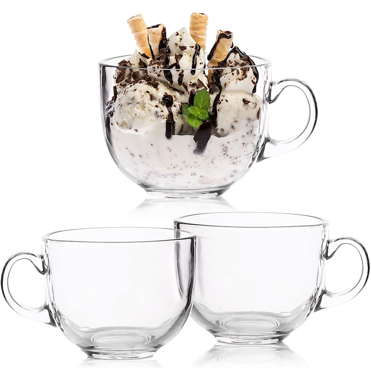 3 Pcs Glass Cereal Bowl Clear Soup Pasta Noodles Salad Bowl with Handle Breakfast Milk Cups Nut Oatmeal Tempered Glass Microwave Safe Liquid Bowl for Snack Ice Cream Coffee,470ML