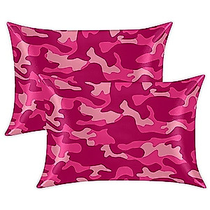 Camo Camouflage Pattern Satin Pillow Cases Silk Satin Pillowcase for Hair and Skin Standard Set of 2 Super Soft Silk Pillowcase with Envelope Closure (20x26 in)