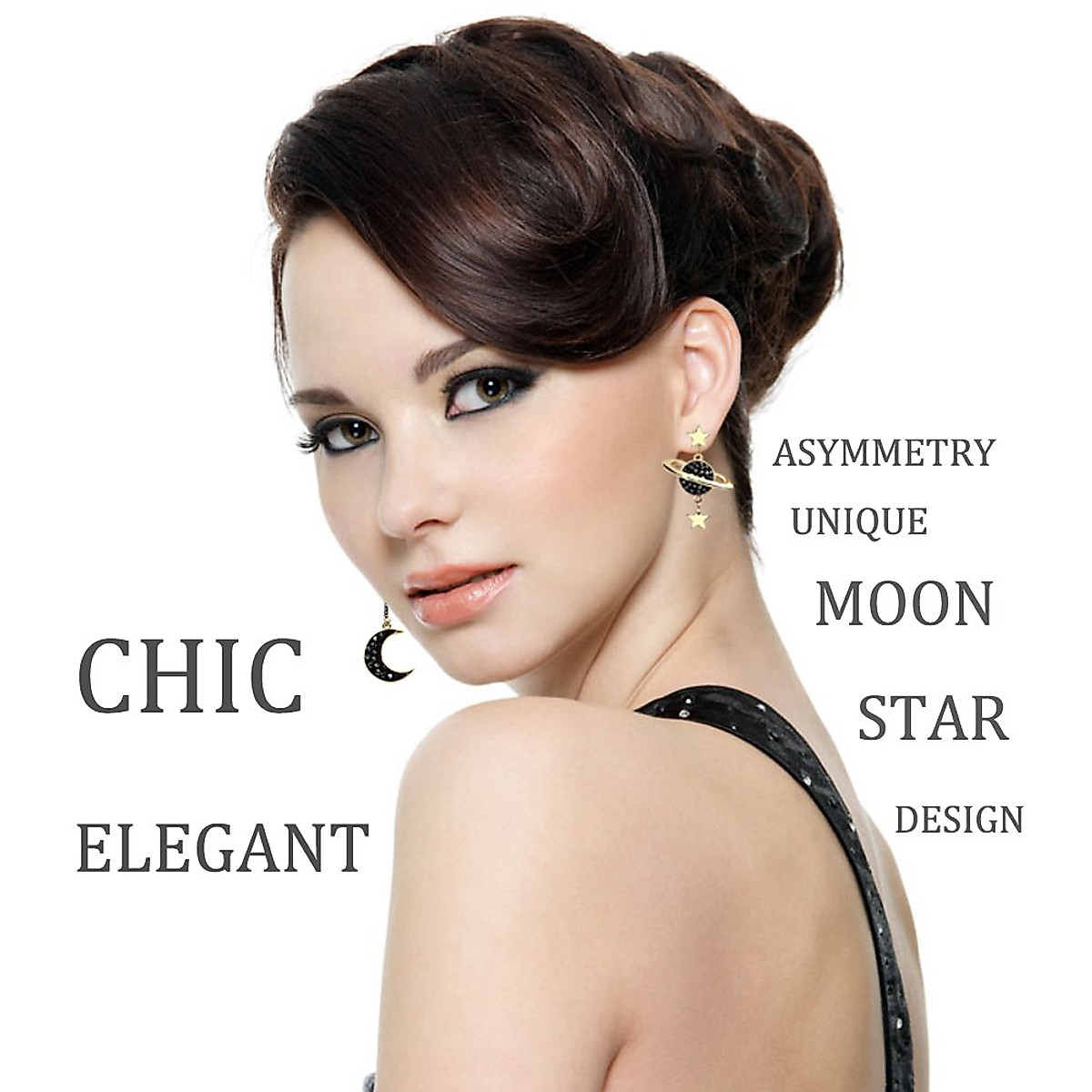 Moon And Star Dangle Earrings For Women Sterling Silver Hypoallergenic Sensitive Ears Unique Chic Kpop Asymmetry Design Boho Cubic Zirconia Planet Drop Earrings Jackets (Black)