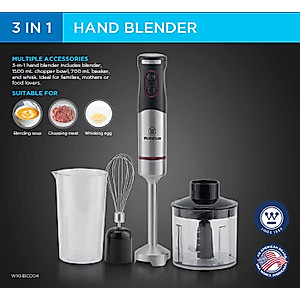 Westinghouse 220 Volt Hand Blender 1000W - 3 in 1 Hand blender includes blending shaft, 500 ml chopper bowl, 700 ml beaker and whisk-220V 240V (Not For Use In USA)