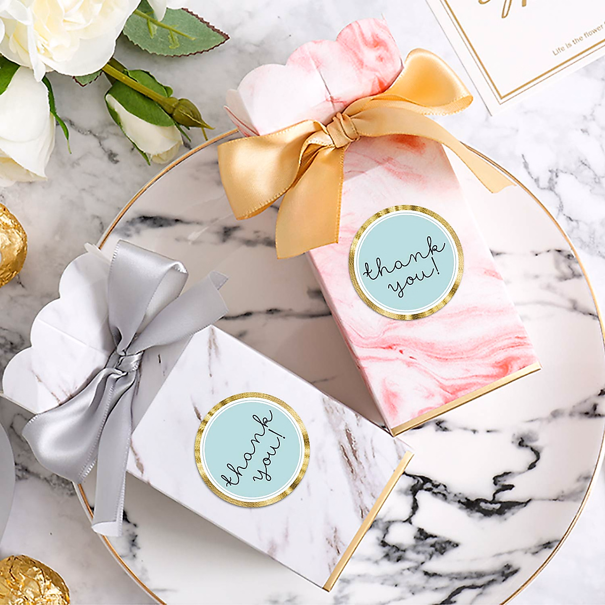 Modern Thank You Stickers, Round Blue Thank You Stickers, Chic Gold Thank You Label Tags, 1.4 Inches 500 Adhesive Thank You Label Stickers Mr.Mug