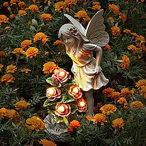 Voveexy Garden Figurines Angel Garden Statue Outdoor Decor, Solar Powered Resin Sculpture with 5 LEDs Art Decoration for Patio Lawn Yard Porch, Ornament Housewarming Garden Gift, 12.8 x 7.5 x 6.1 Inch