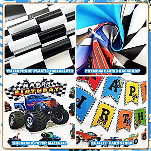 Truck Birthday Party Supplies Truck Theme Party Decorations, 99 Pcs(Backdrop Tablecloth Banner Triangle Bunting Cake Toppers Foil Balloons Honeycomb Centerpieces Flags Balloon Garland Arch Kit)