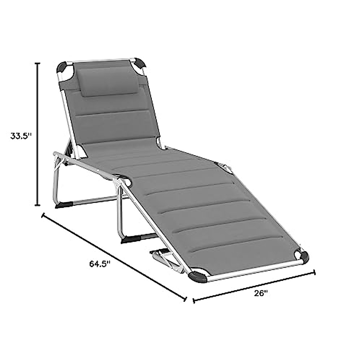 Outsunny Foldable Outdoor Chaise Lounge Chair, 5-Level Reclining Camping Tanning Chair with Aluminum Frame, Padding, and Headrest for Beach, Yard, Patio, Pool, Gray