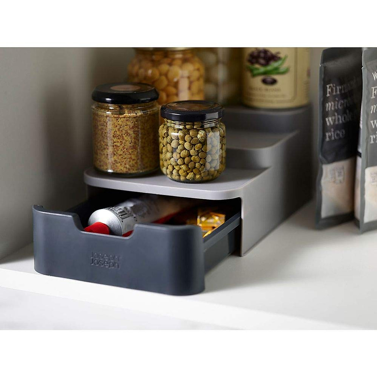 Joseph Joseph CupboardStore Compact 3 Tier Shelf Organizer with Drawer for Cabinet, Gray (Pack of 2)