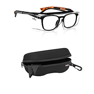 NoCry Safety Glasses That Fit Over Your Prescription Eyewear; UV400 Protection; ANSI Z87 & Storage Case for Safety Glasses with Felt Lining, Reinforced Zipper and Handy Belt Clip
