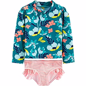 Simple Joys by Carter's Girls' 2-Piece Assorted Rashguard Sets, Green Floral/Pink Stripe, 24 Months