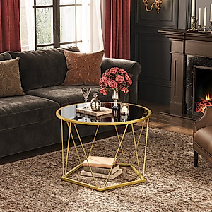 HOOBRO Coffee Table, Gold Glass Coffee Table for Living Room, 27.6" Round Coffee Table, 1 Layer Center Table, Metal Frame, Hexagonal Design, for Small Space, Reception Room, Apartment, Golden GD70KF01