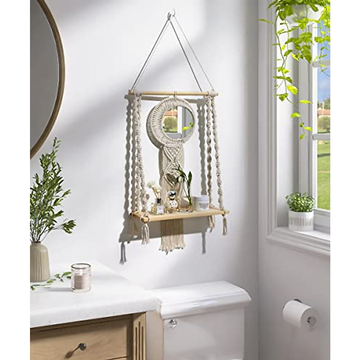 Sonefreiy Macrame Wall Hanging Shelf Boho Rope Shelves with Mirror Dreamcatcher Bohemian Wall Decor for Bedroom, Bathroom, Living Room