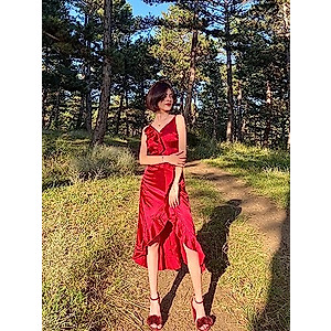 KOJOOIN Women's V-Neck Spaghetti Strap Satin Ruffle Sexy Party Dress Wedding Cocktail Bodycon Midi Dress Wine Red M