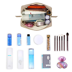 PU Leather Makeup Bag Travel Cosmetic Bag Organizer Make up Bag with Organization Pockets for Women (Large, Brown)