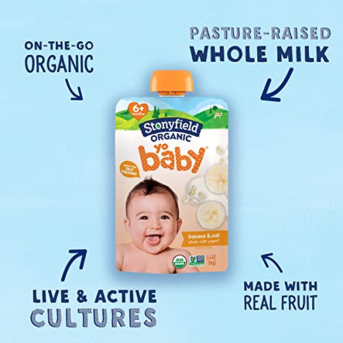 Stonyfield Organic YoBaby Whole Milk Banana & Oat Yogurt Pouches for Babies 6 Months & Older, 3.4 oz., 4 Ct