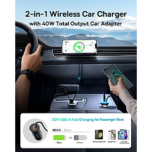 for Magsafe Car Mount Charger, [All in One] Baseus 15W Fast Charging Phone Mount for Car Vent, Magnetic Wireless Car Charger with 40W USB A Car Charger and Cable for iPhone 15 14 13 12 Pro Max Plus