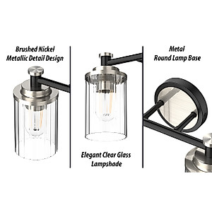 PHIXART Bathroom Lighting Fixtures Black and Brushed Nickel Bathroom Vanity Light with Cylindrical Clear Stripes Glass Lampshade E26 Socket Base Bathroom Lighting Fixtures Over Mirror (3 Lights)