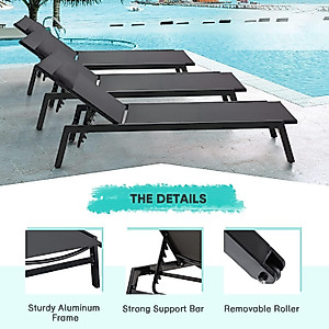 EROMMY Outdoor Chaise Lounge Chairs, All-Weather Patio Loungers with 5-Position Adjustable Backrest & Removable Cushions, Aluminum Reclining Chair for Beach, Poolside, Balcony