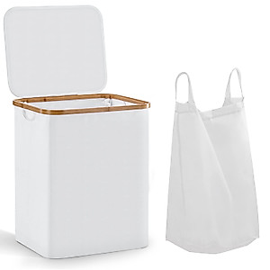 66L Laundry Hamper with Lid and Liner Bag, 19.7" Tall Laundry Basket with Handle, Waterproof and Collapsible Cloth Hamper for Bedroom and Bathroom, White