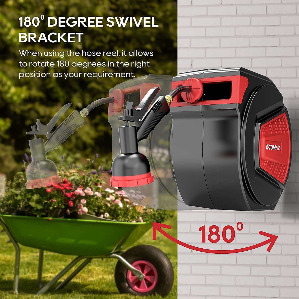 ECOMAX ELG09 1/2in. x 100ft Retractable Garden Hose Reel, Heavy Duty Water Hose Reels, Any Length Lock, Slow Return System, 8 Pattern Hose Nozzle, Wall-mounted & 180° Swivel Bracket, Black & Red