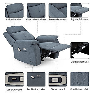 AVAWING Electric Massage Recliner Chair w/Wireless Remote Control, Massage Heated Vibration Sofa w/Double Side Pockets & USB Charge Port, Home Fabric Microfiber Recliner for Living Room, Blue Grey